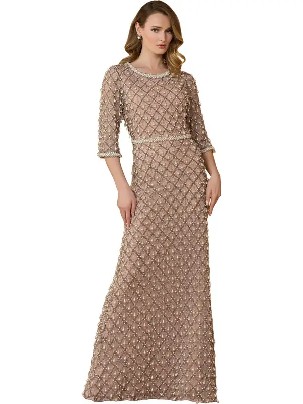 MAC DUGGAL COLLECTION Petite Pearl Embellished 3/4 Sleeve Gown - Pink