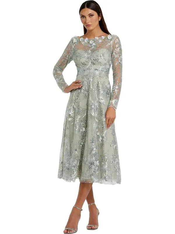 Mac Duggal Embellished Illusion Long Sleeve Midi Dress - Mist