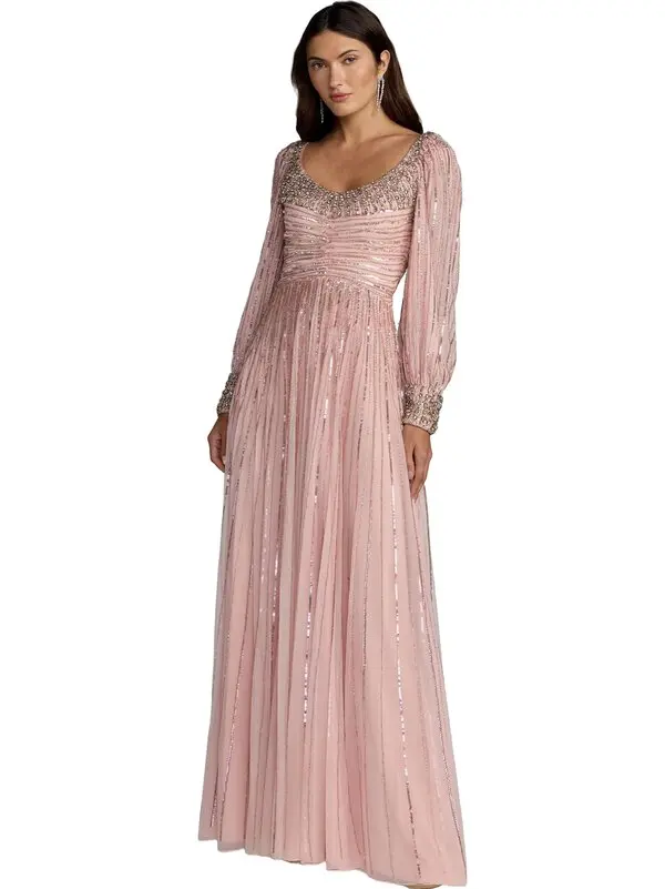 Mac Duggal Embellished Long Sleeve A-line Gown - Light Rose