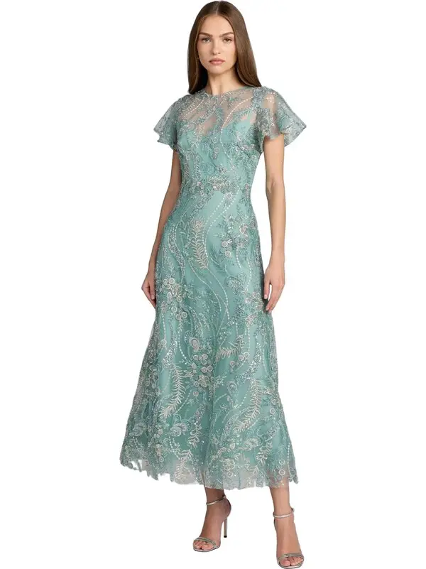Mac Duggal Embroidered Flutter Sleeve Midi Dress - Seafoam