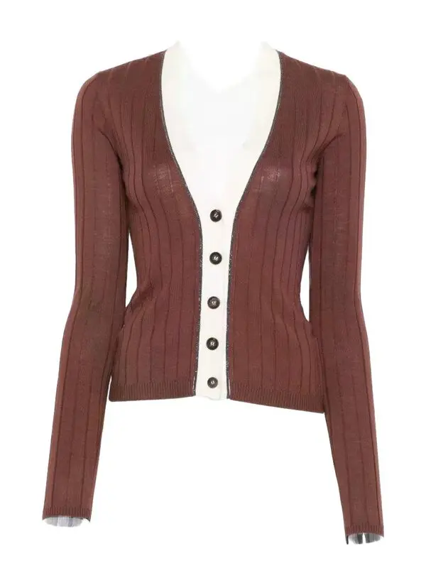 Brunello Cucinelli Ribbed Knit Cardigan With Monili Trim - Brown