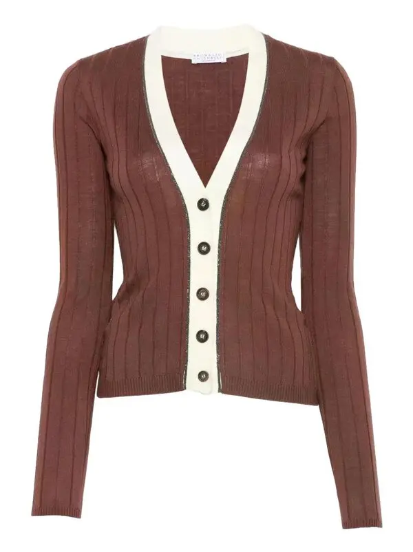Brunello Cucinelli Ribbed Knit Cardigan With Monili Trim - Brown