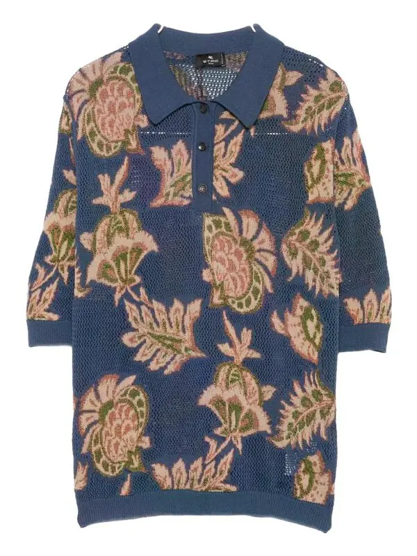 Etro Floral-intarsia Mesh-knit Polo Top - Blue