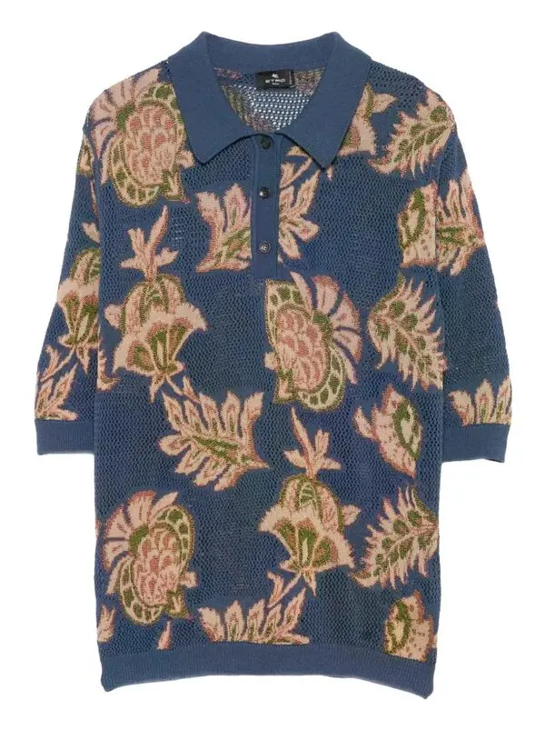 Etro Floral-intarsia Mesh-knit Polo Top - Blue
