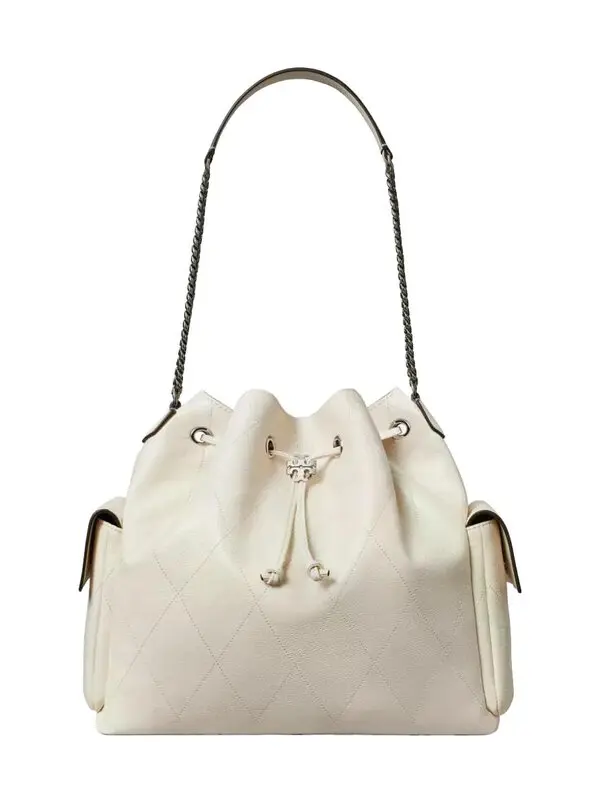 Tory Burch Large Charlie Quilted Drawstring Shoulder Bag - White