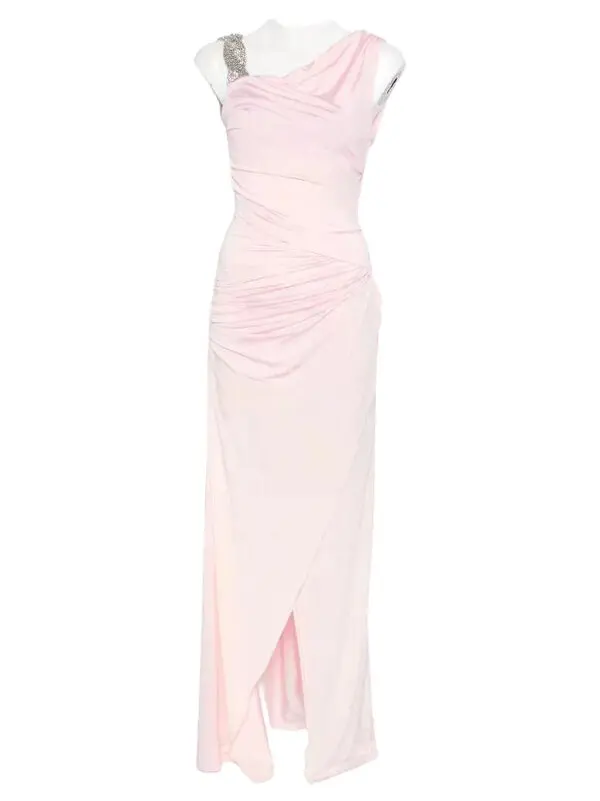 Amen Ruched Crystal-embellished Asymmetric Maxi Dress - Pink