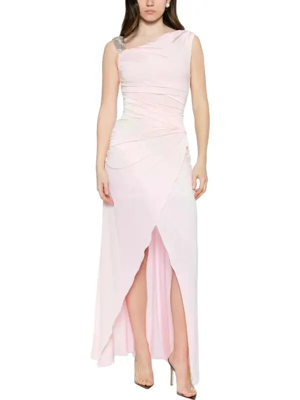 Amen Ruched Crystal-embellished Asymmetric Maxi Dress - Pink