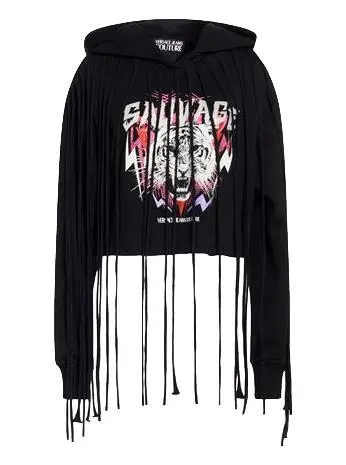 Versace Cotton French Terry Sweatshirt With Print And Fringes - Black