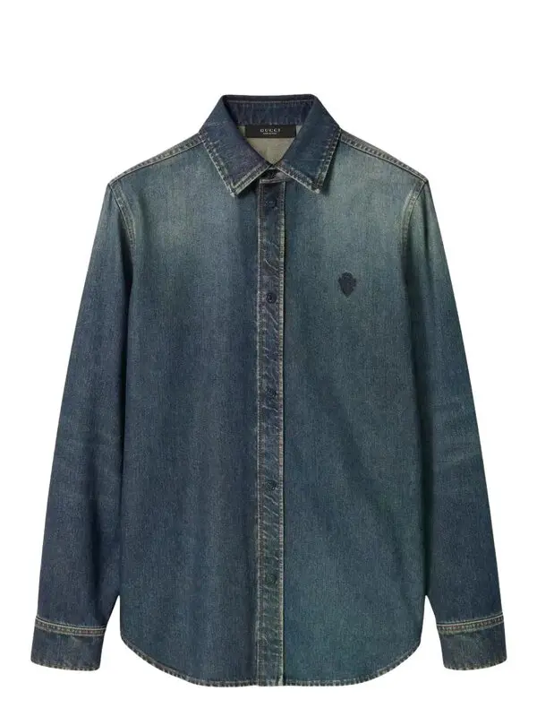 Gucci Crest-embroidered Washed-effect Shirt - Blue