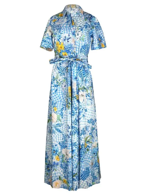 MARY KATRANTZOU Floral-print Gingham Maxi Dress - Blue