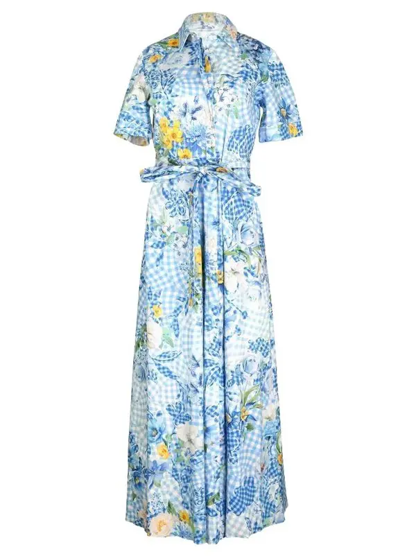 MARY KATRANTZOU Floral-print Gingham Maxi Dress - Blue