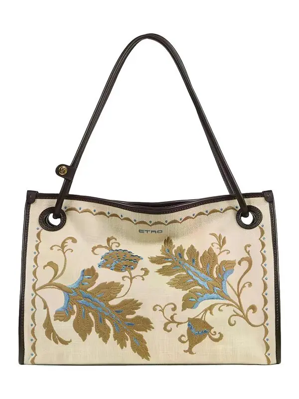 Etro Floral-embroidered Leather-trimmed Tote Bag - Neutrals