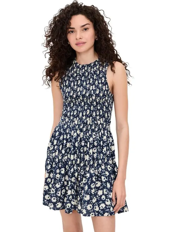 APIECE APART Lore Smocked Mini Dress - Navy Floral Stamp