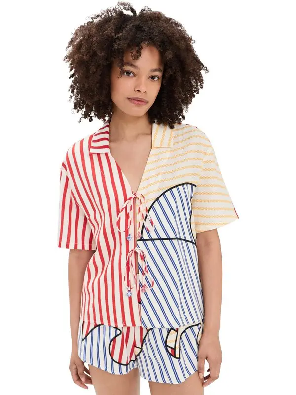 Farm Rio Striped Linen-blend Blouse With Embroidery And Beaded Accents - Navy Stripes Off White