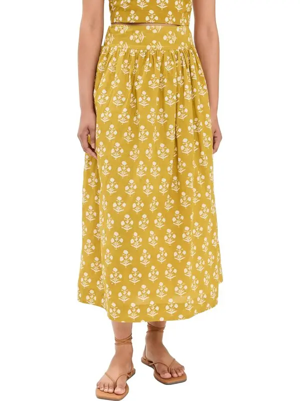 MAREA Floral Print Midi Skirt - Chartreuse Daffodil