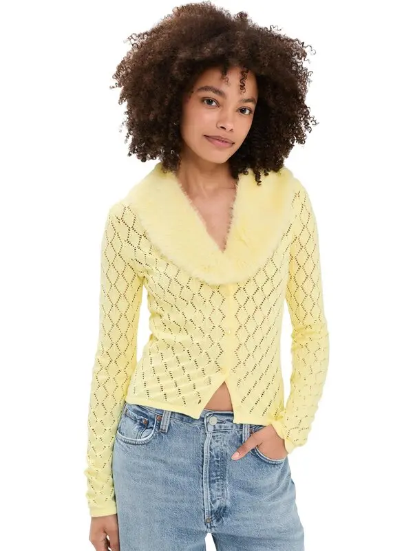 HOUSE OF SUNNY Pointelle Knit Cardigan With Faux Fur Collar - Butter