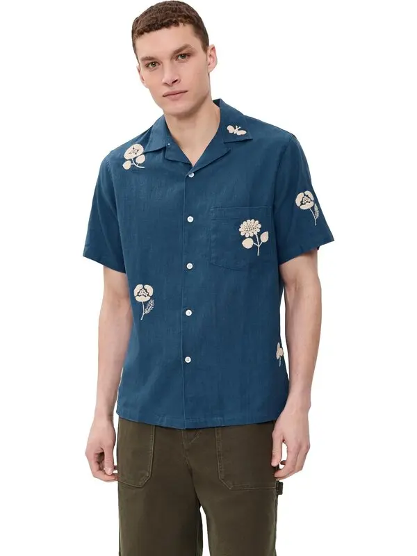 Portuguese Flannel Embroidery Nature Ramie Camp Shirt - Blue