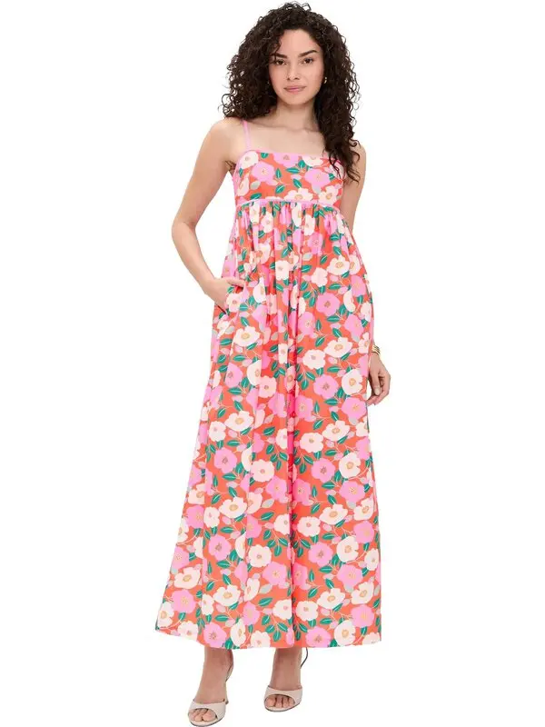 English Factory Print Empire Waist Maxi Dress - Coral Orange Multi