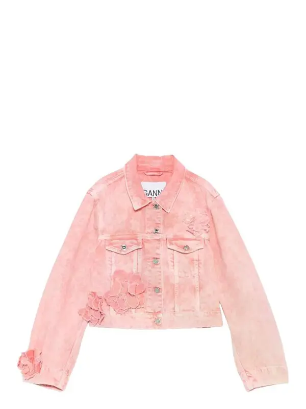 GANNI Floral Appliqué Cropped Denim Jacket - Pink