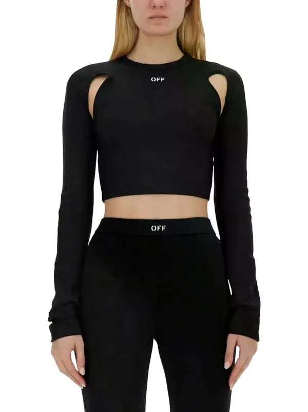 Off-White Cut-out Long Sleeve Crop Top - Black