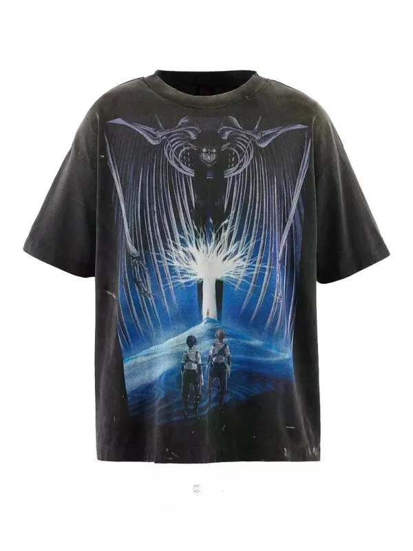 SAINT MXXXXXX Graphic-print Distressed T-shirt - Black