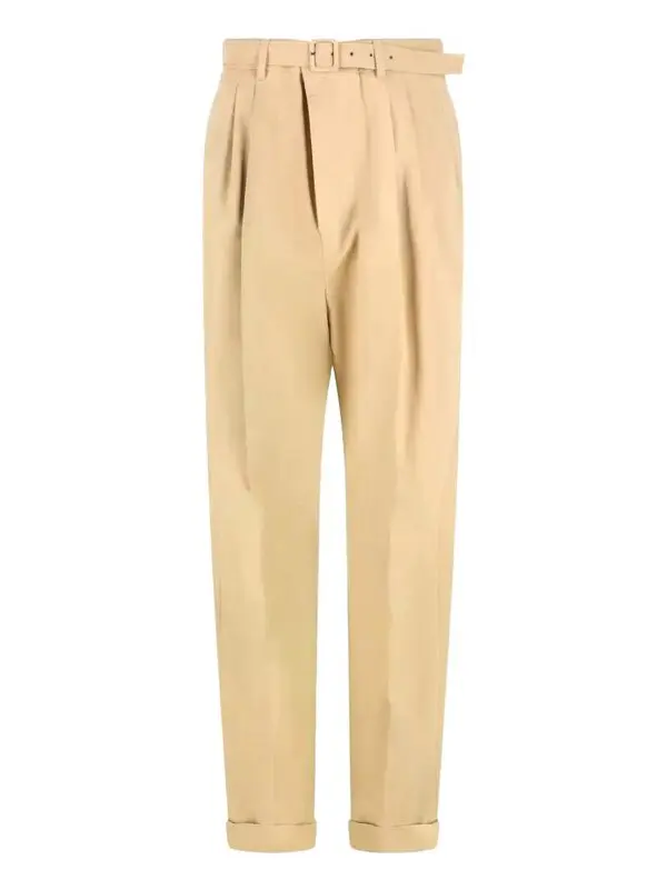 Saint Laurent Belted Pleated Wool Trousers - Neutrals