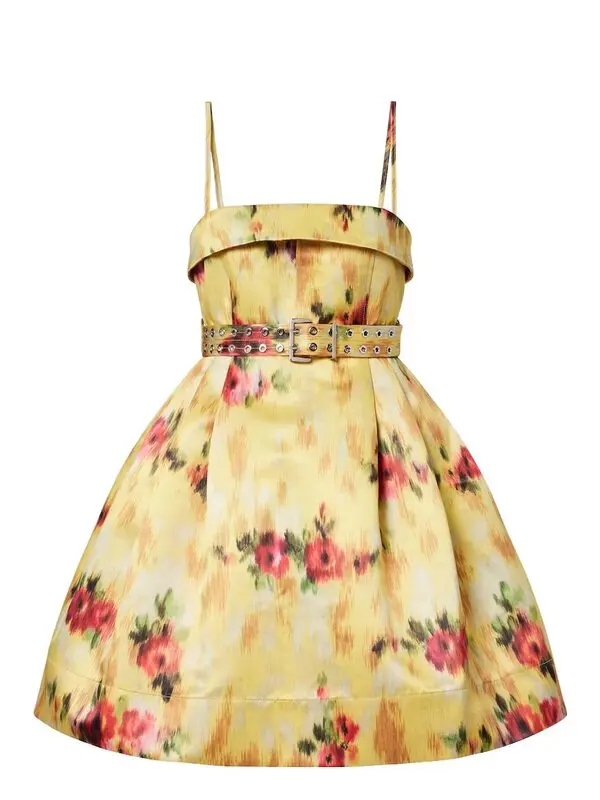 GANNI Pleated Printed Satin Minidress - Yellow