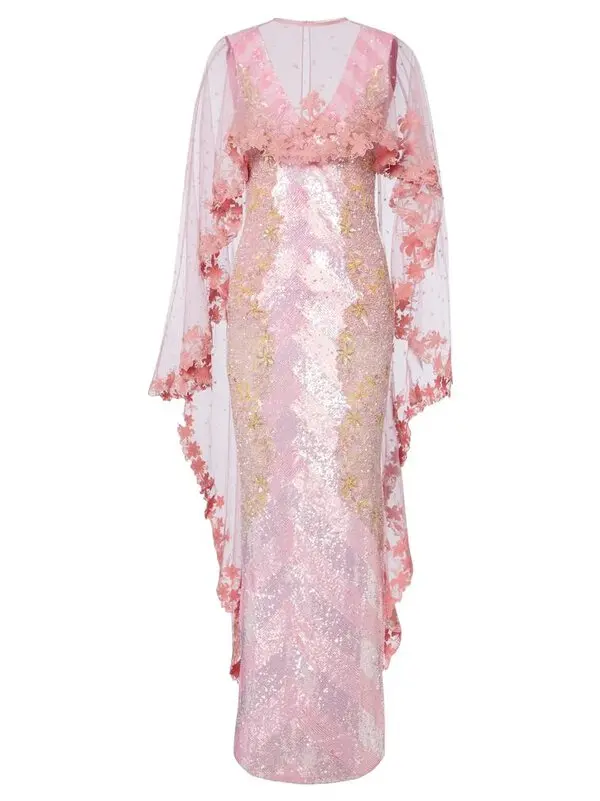 LA FUORI Panorama Embellished Caped Gown - Pink