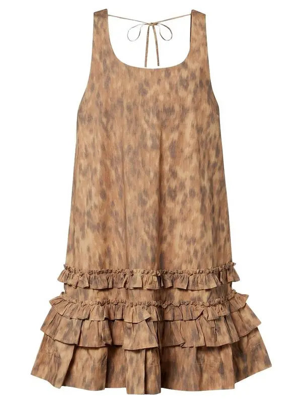 GANNI Ruffled Printed Cotton Minidress - Brown