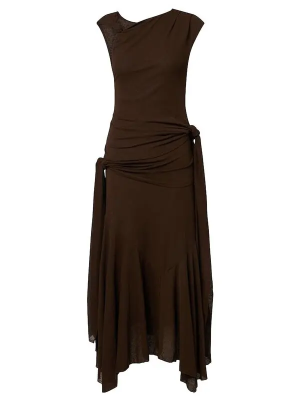 GANNI Asymmetric Draped Mesh Midi Dress - Brown