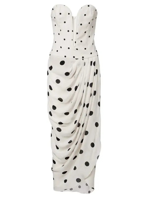 ADRIANA DEGREAS Draped Polka-dot Bustier Dress - White