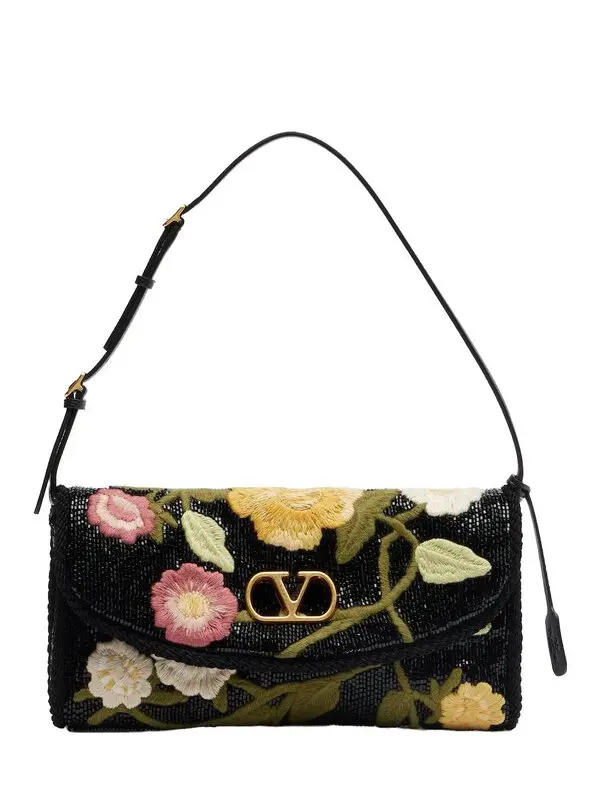 Valentino Garavani Devain Embroidered Beaded Shoulder Bag - Black
