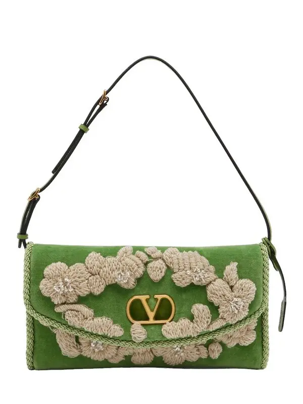 Valentino Garavani Devain Embellished Velvet Shoulder Bag - Green