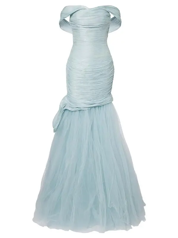 MARMAR HALIM Pleated Off-shoulder Bustier Gown - Blue