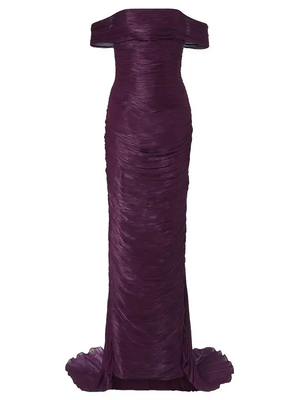 MARMAR HALIM Pleated Off-shoulder Bustier Gown - Purple