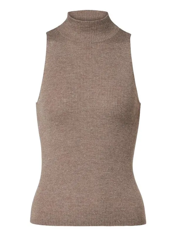 Brunello Cucinelli Knitted Lamé Mock Neck Top - Brown