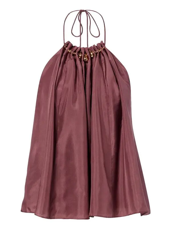 Zimmermann Aster Beaded Halterneck Silk Top - Burgundy