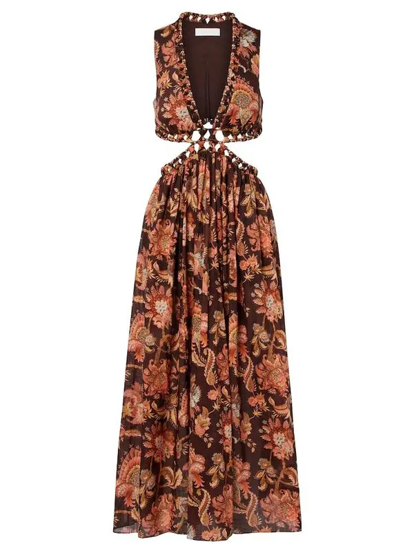 Zimmermann Aster Cutout Floral Cotton Midi Dress - Brown