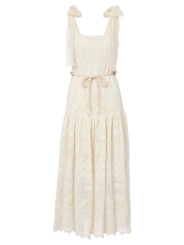 Zimmermann Indra Belted Cotton Lace Midi Dress - White