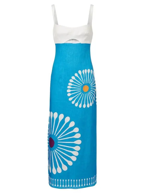 CALA DE LA CRUZ Nara Cutout Floral Linen Midi Dress - Blue