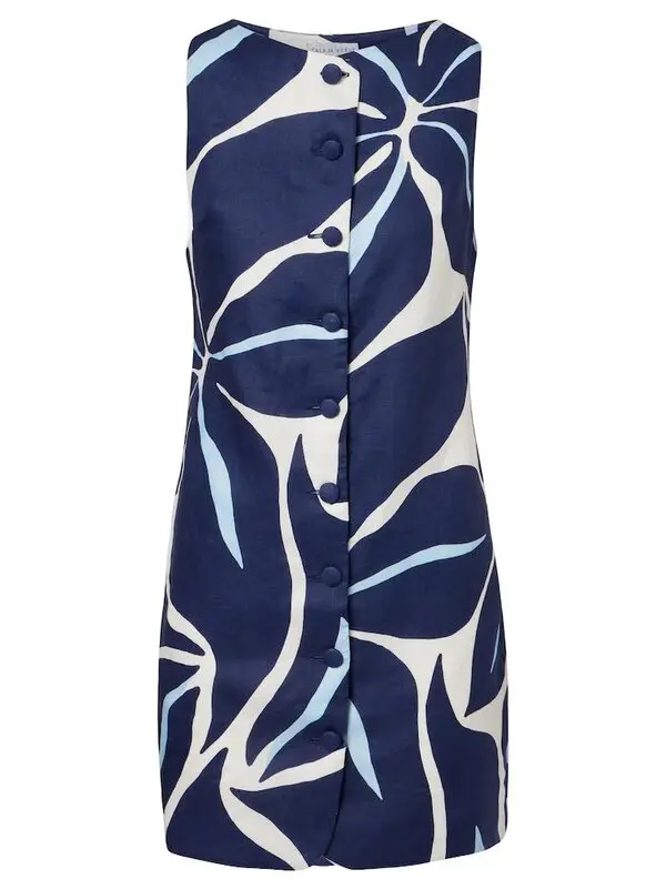 CALA DE LA CRUZ Rhoda Printed Linen Mini Dress - Blue