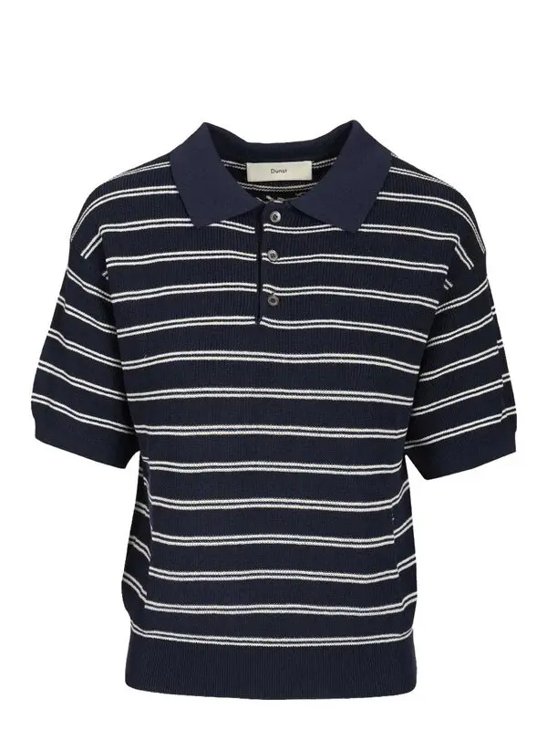 DUNST Cotton Blend Striped Polo Shirt - Blue