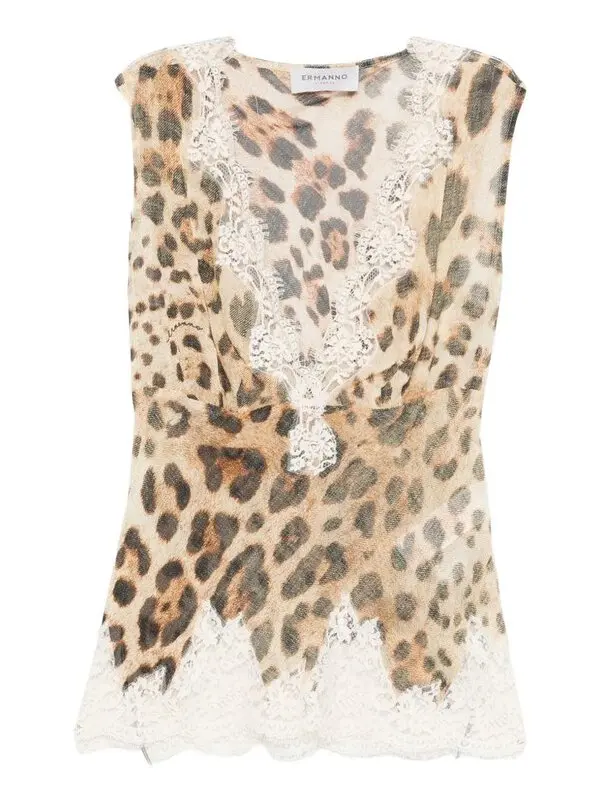 Ermanno Scervino Lace Trimmed Leopard Print Tank Top - Multi