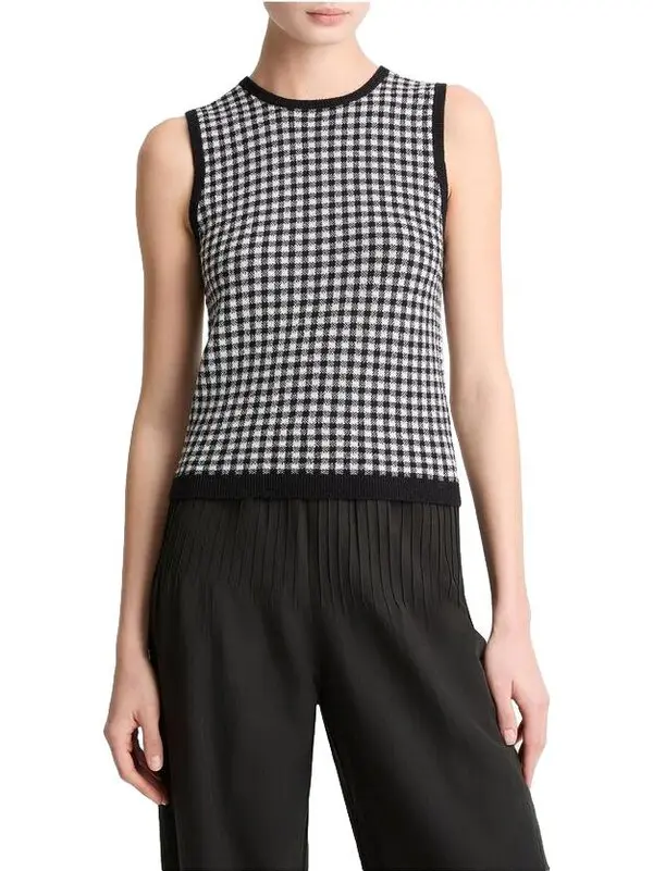 Vince Gingham Italian Wool And Cotton-blend Shell - Black