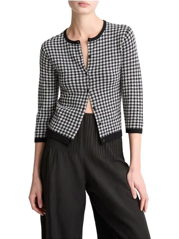 Vince Gingham Italian Wool-blend Cardigan - Black