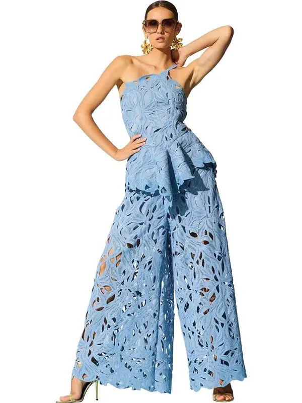 Natori Cutout Leaf Lace Asymmetric Halter Top - Blue