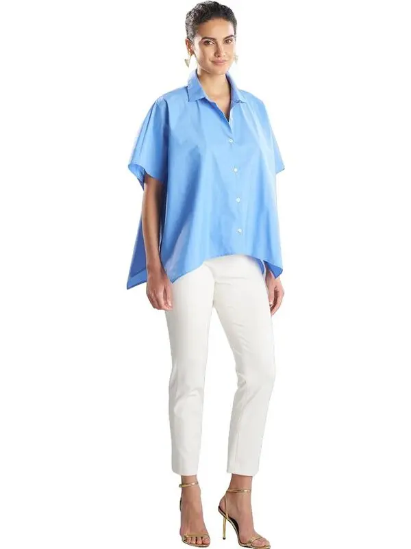 Natori Techno Poplin Button Down Caftan Shirt - Blue