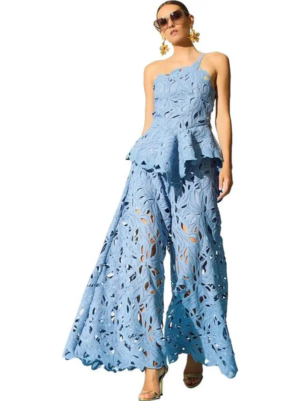 Natori Cutout Leaf Lace Palazzo Pants - Blue