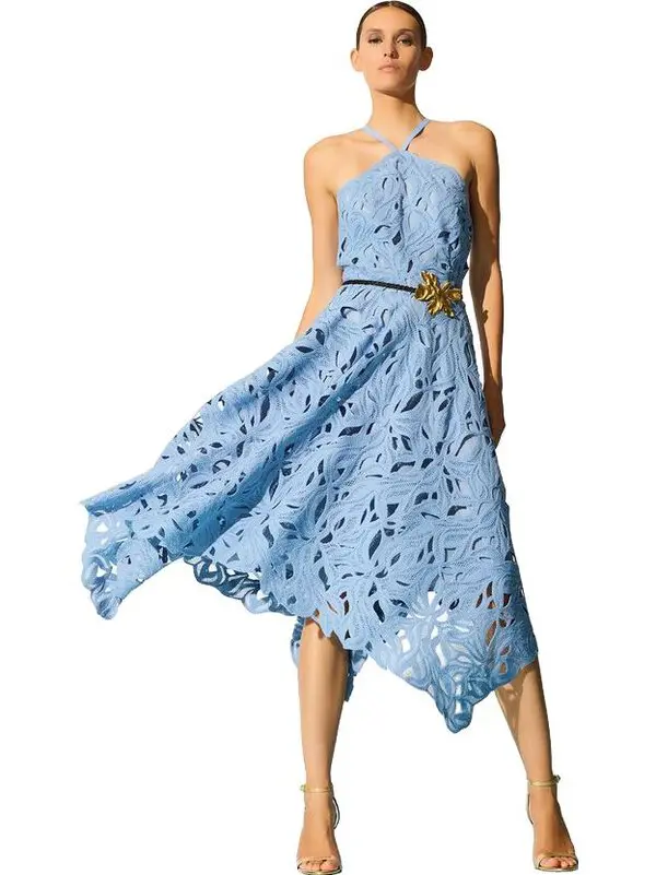 Natori Cutout Leaf Lace Halter Dress - Blue