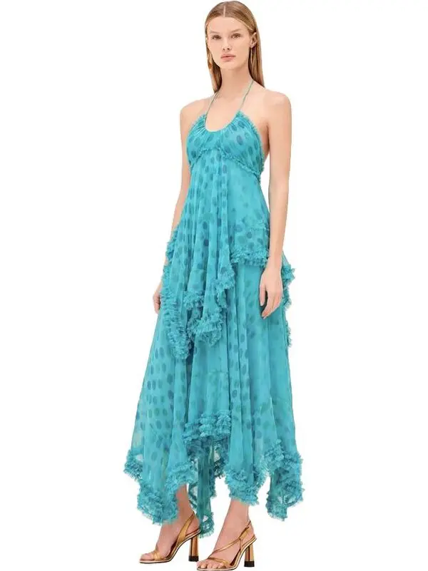 Alexis Halter Maxi Dress With Ruffle Trim - Natural